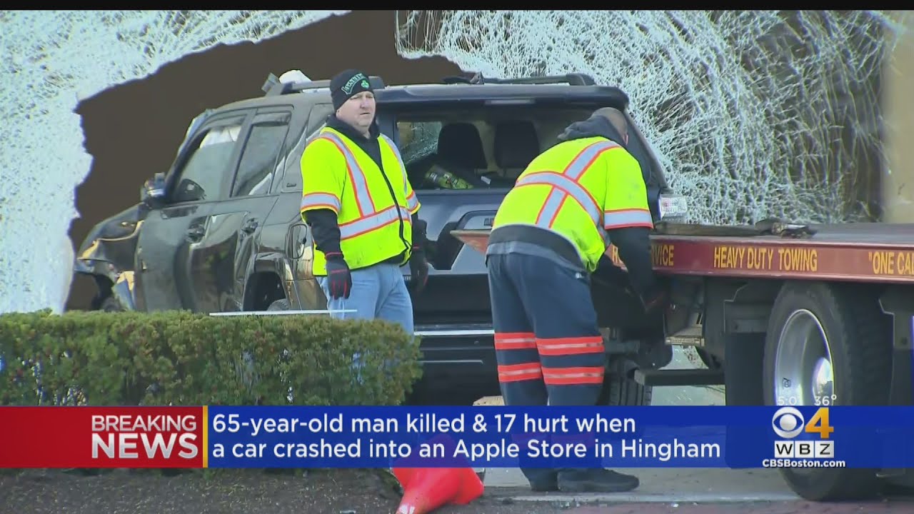 SUV towed from Apple Store crash scene in Hingham - YouTube