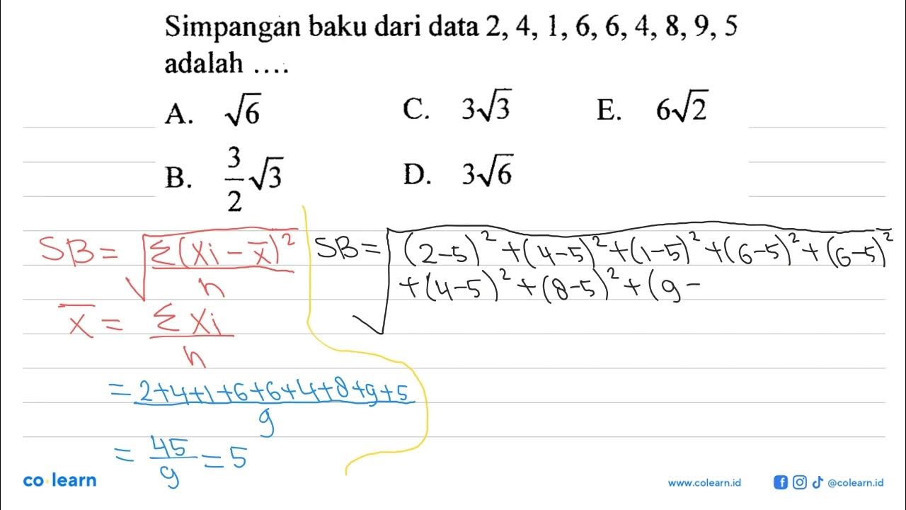 Simpangan baku dari data 2,4,1,6,6,4,8,9,5 adalah.... - YouTube