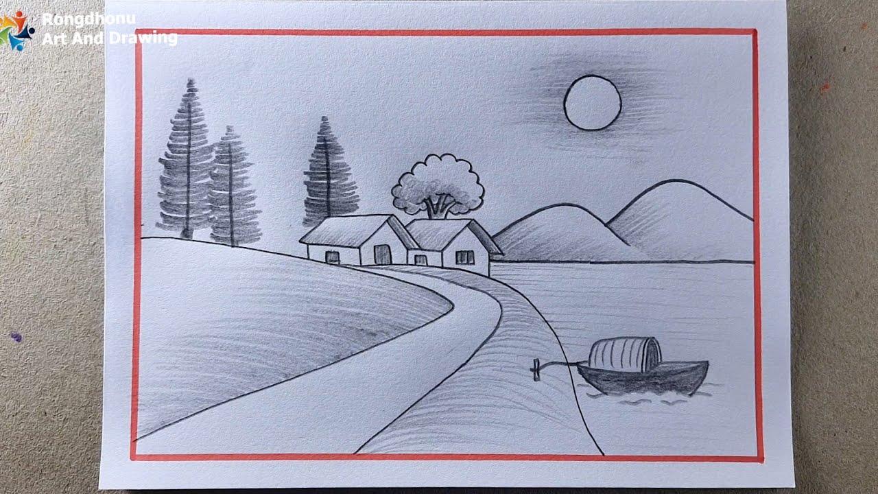 Simple Pencil Village Scenery Drawing | Easy Landscape Art Step by Step ...