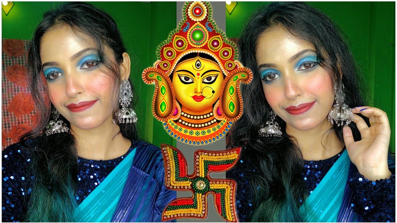 Durga Puja Makeup Look with Sequence saree | দূর্গা পূজার সাজ 🌸 - YouTube