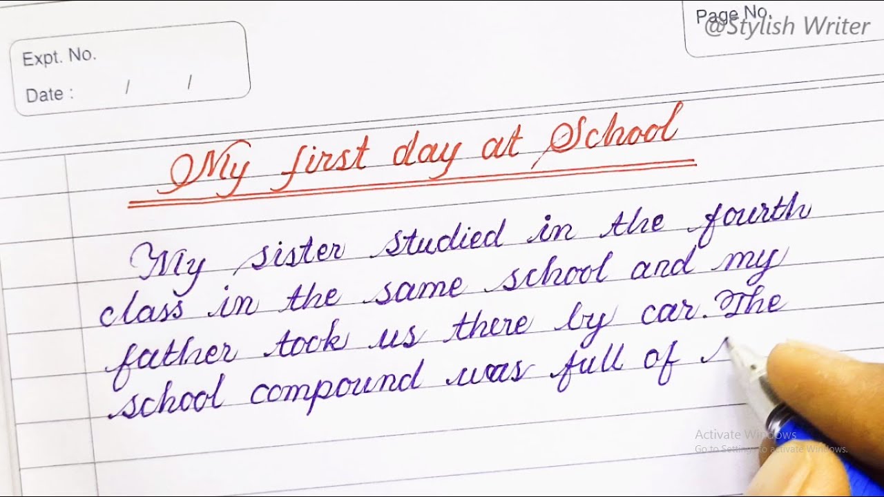Story: Essay on my first day at school | Beautiful Cursive Handwriting ...