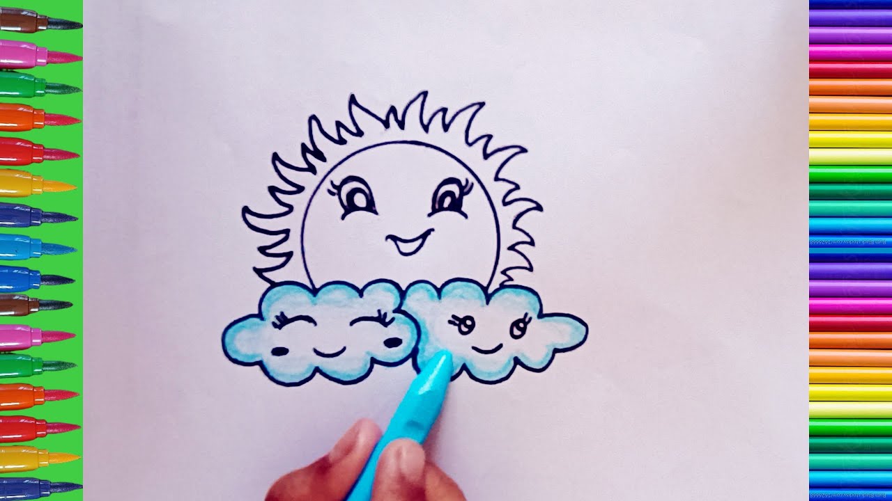 Cute Sun, Clouds Drawing for kids | Beautiful Sun, Cloud Drawing easy ...
