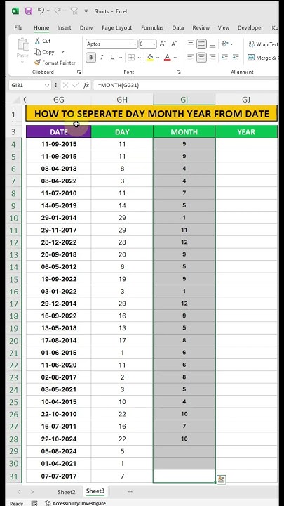 Extract DAY MONTH & YEAR in Excel | #shorts #excel #exceltutorial #short #exceltricks # ...