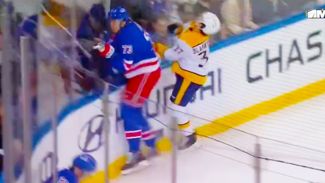 Matt Rempe Hit on Nick Blankenburg | New York Rangers vs Nashville ...