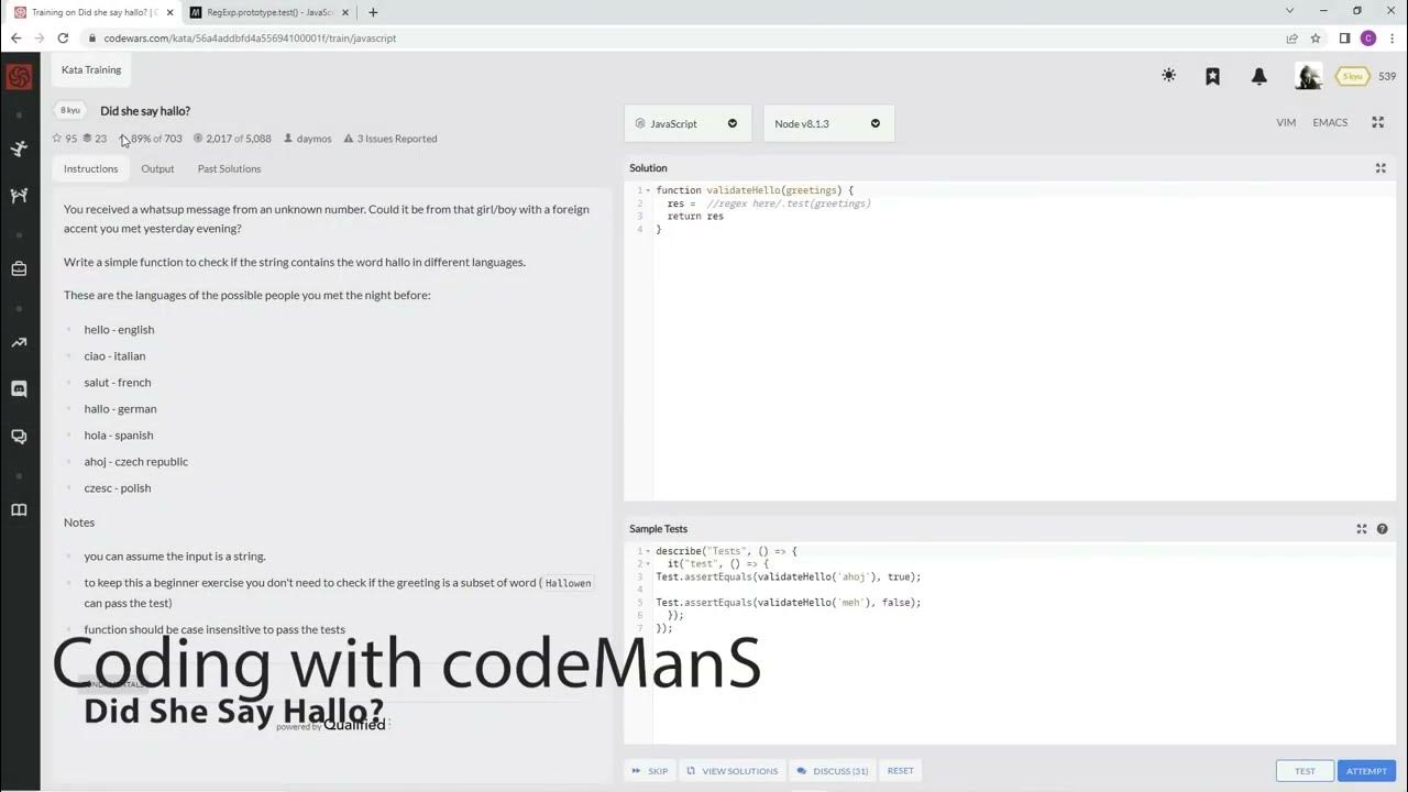 Codewars 8 Kyu Did She Say Hallo Javascript Youtube