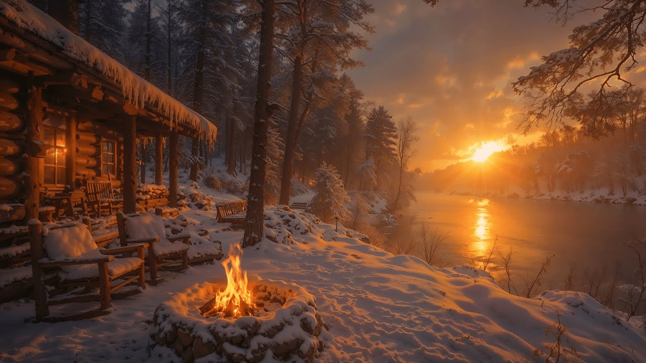 Winter Forest Lakeside Morning: Warm Campfire and Beautiful Snowy ...