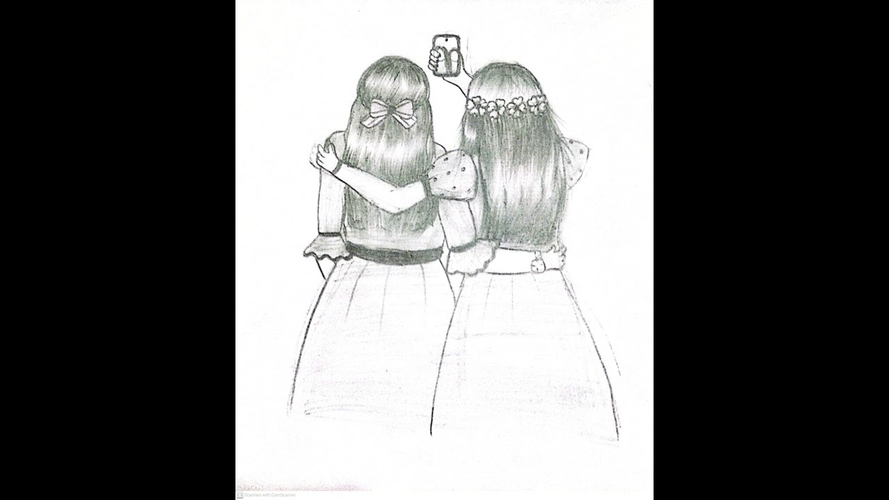 drawing two friends taking selfie pencil sketch drawing - YouTube