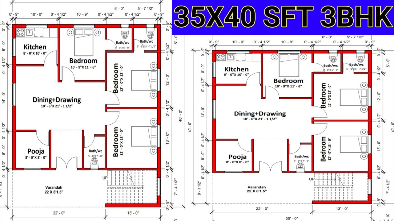 35X40 Square Feet 3bhk North facing house plan - YouTube