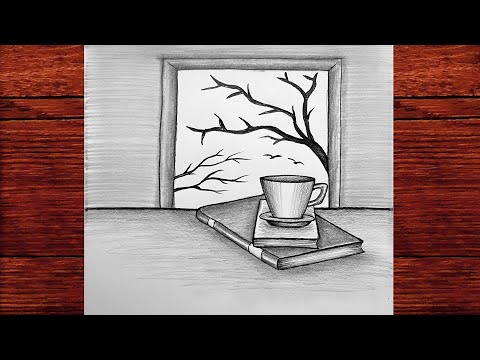 Kitap Kahve ve Manzara Resmi Çizimi - Manzara Önünde Kahve Çizimi - Çok Kolay Çizim Fikirleri 2023