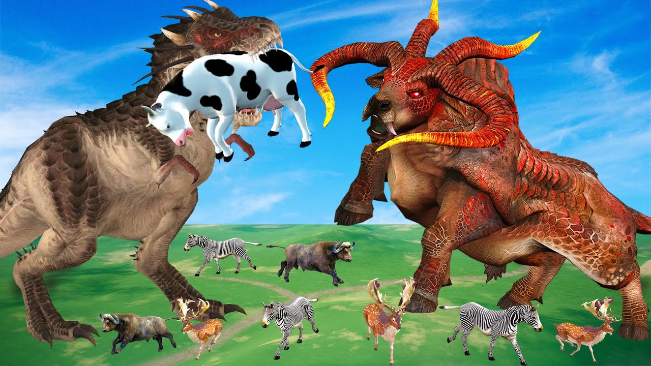 Giant Bull Fight Dinosaur Attack Cartoon Cow Buffalo Trap the Big Bull ...