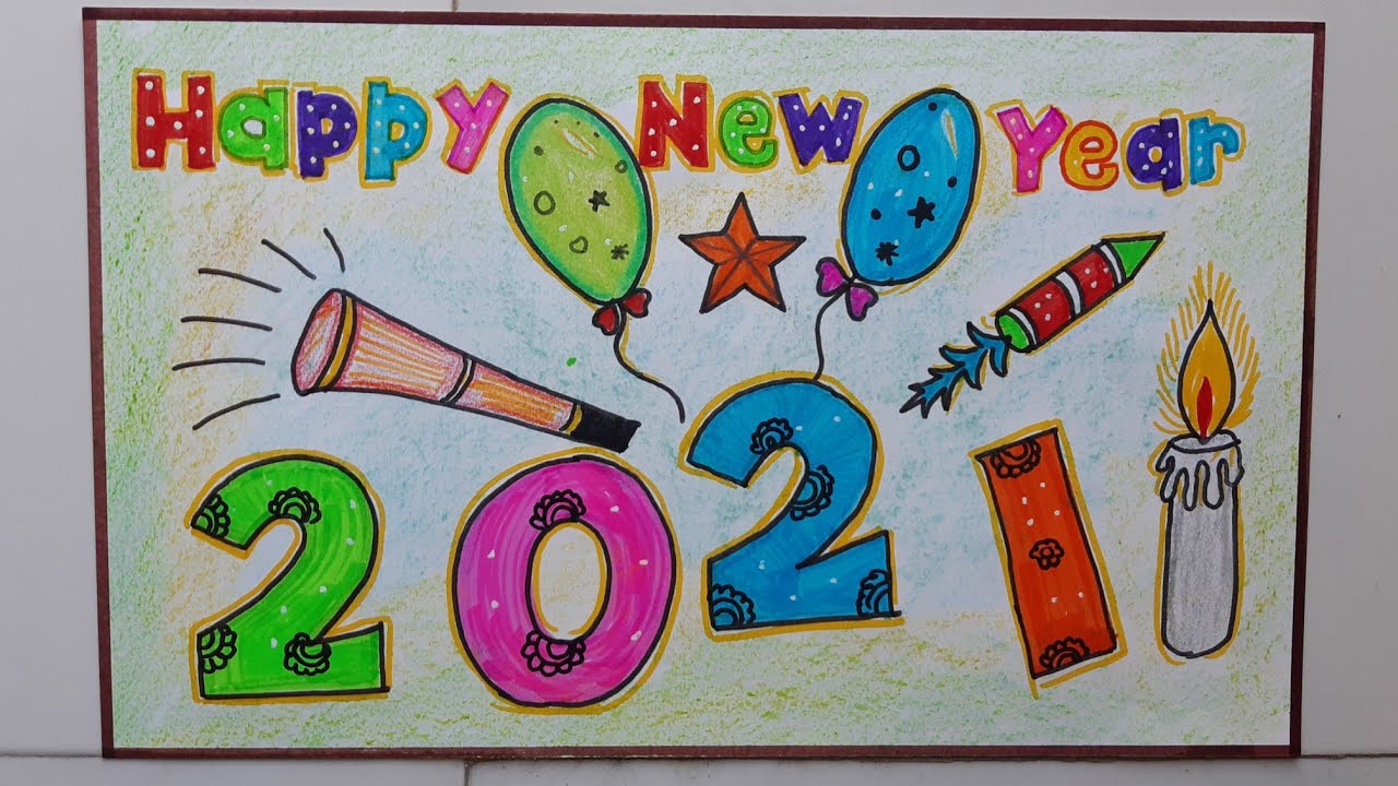 New Year Drawing Easy Steps || Happy New Year Poster Drawing Idea ||How ...