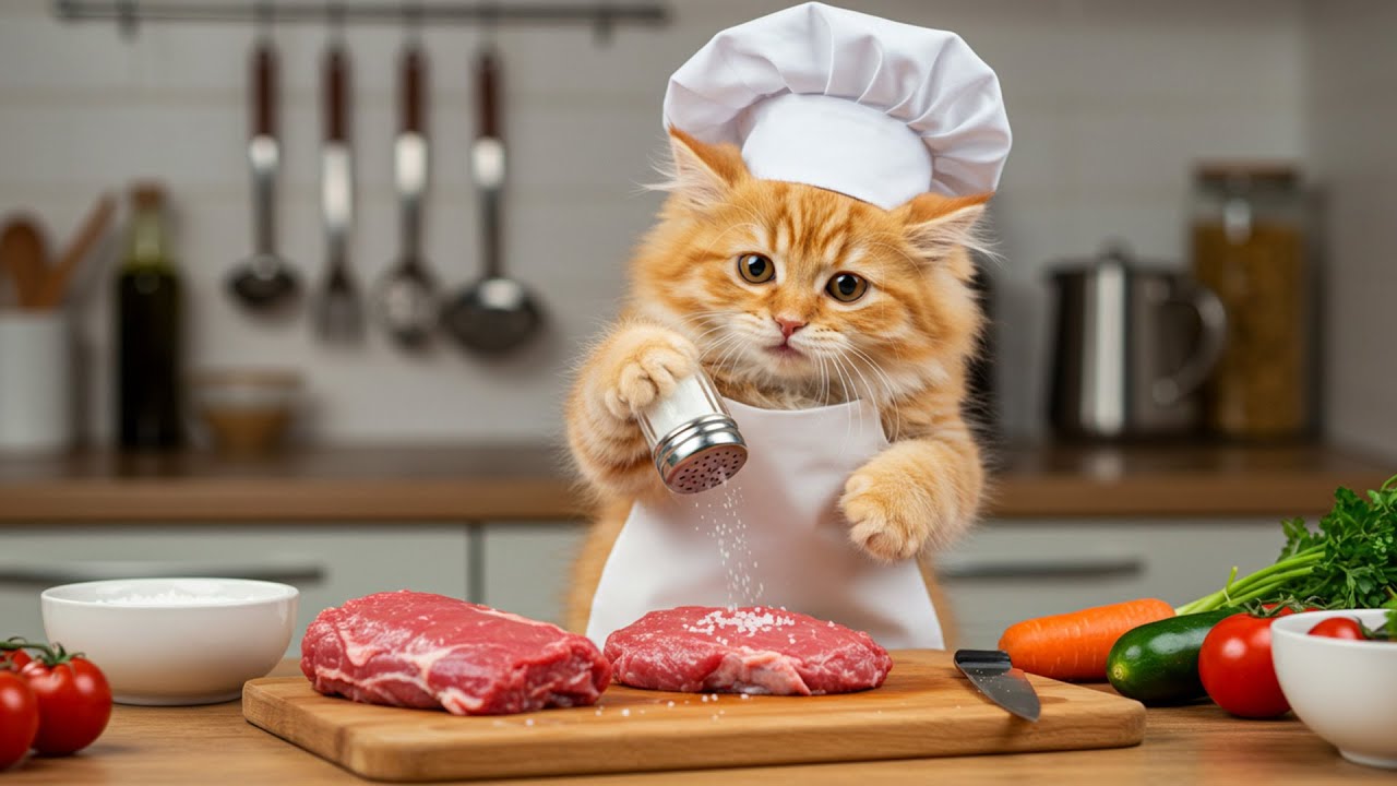 Cat chewing a big steak🍖😻Cat Kitchen & cooking - YouTube