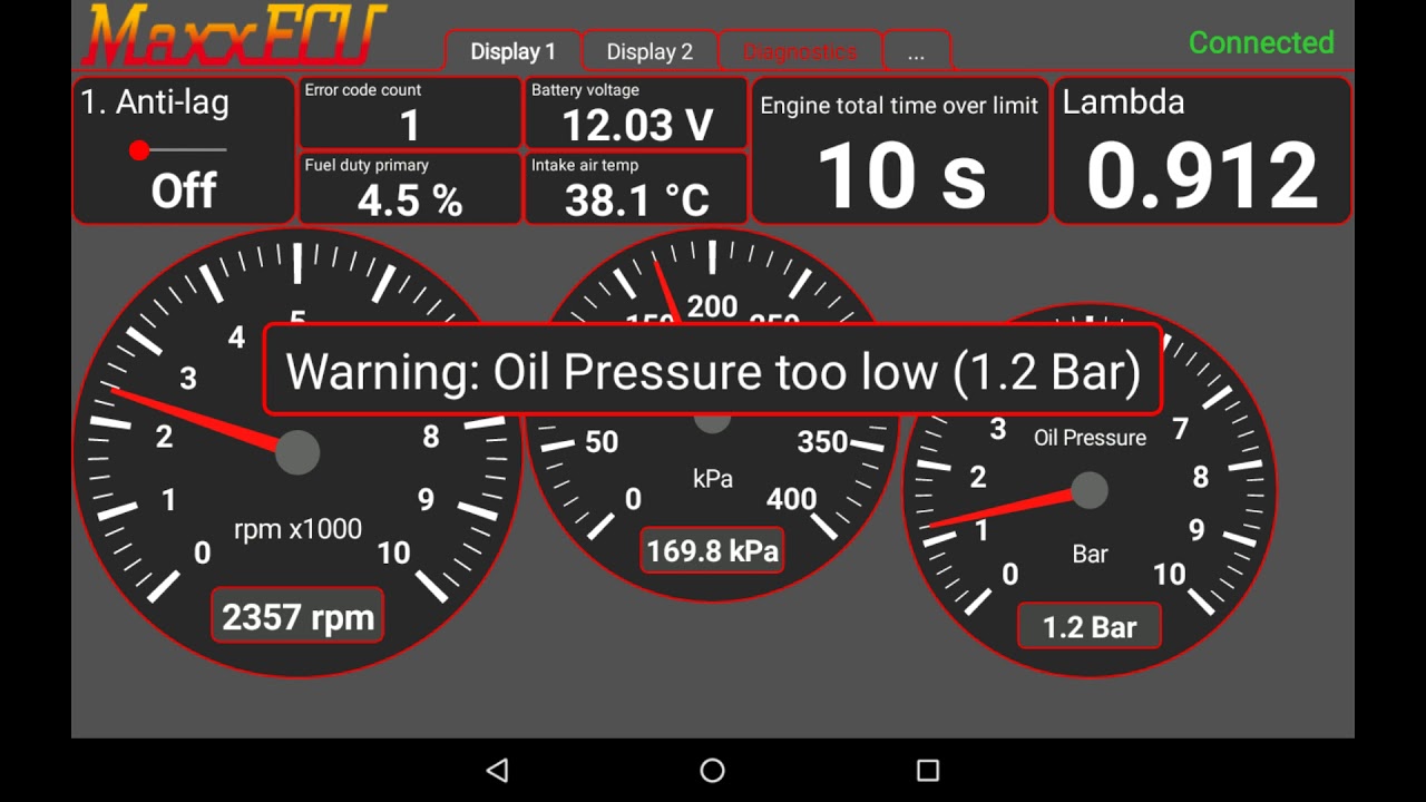 MaxxECU MDash on screen warning example - YouTube