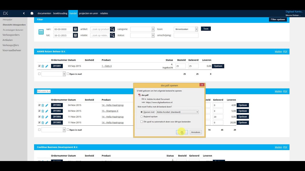 Overzicht inkooporders - Handels module Digitaal Kantoor - YouTube