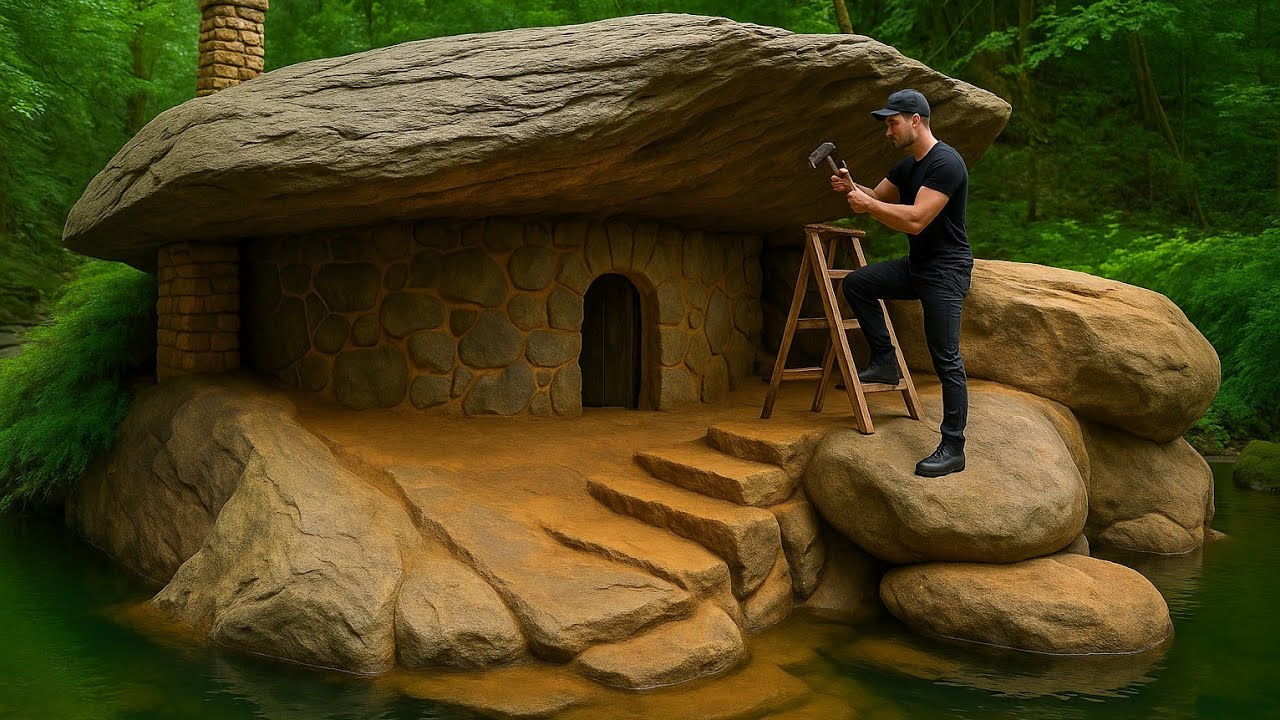 build a house under a big rock, alone in the forest - YouTube
