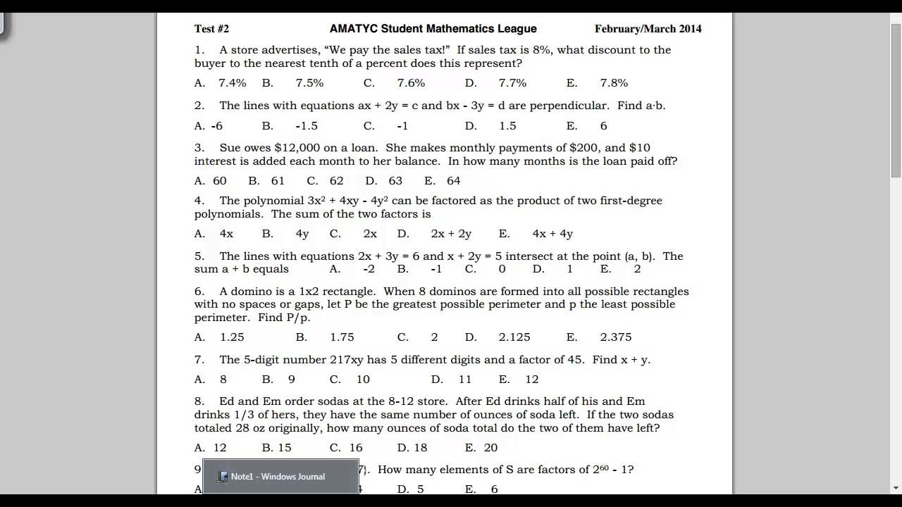 AMATYC Student Math League (SML) Spring 2014 Solutions, Questions 1-10 ...