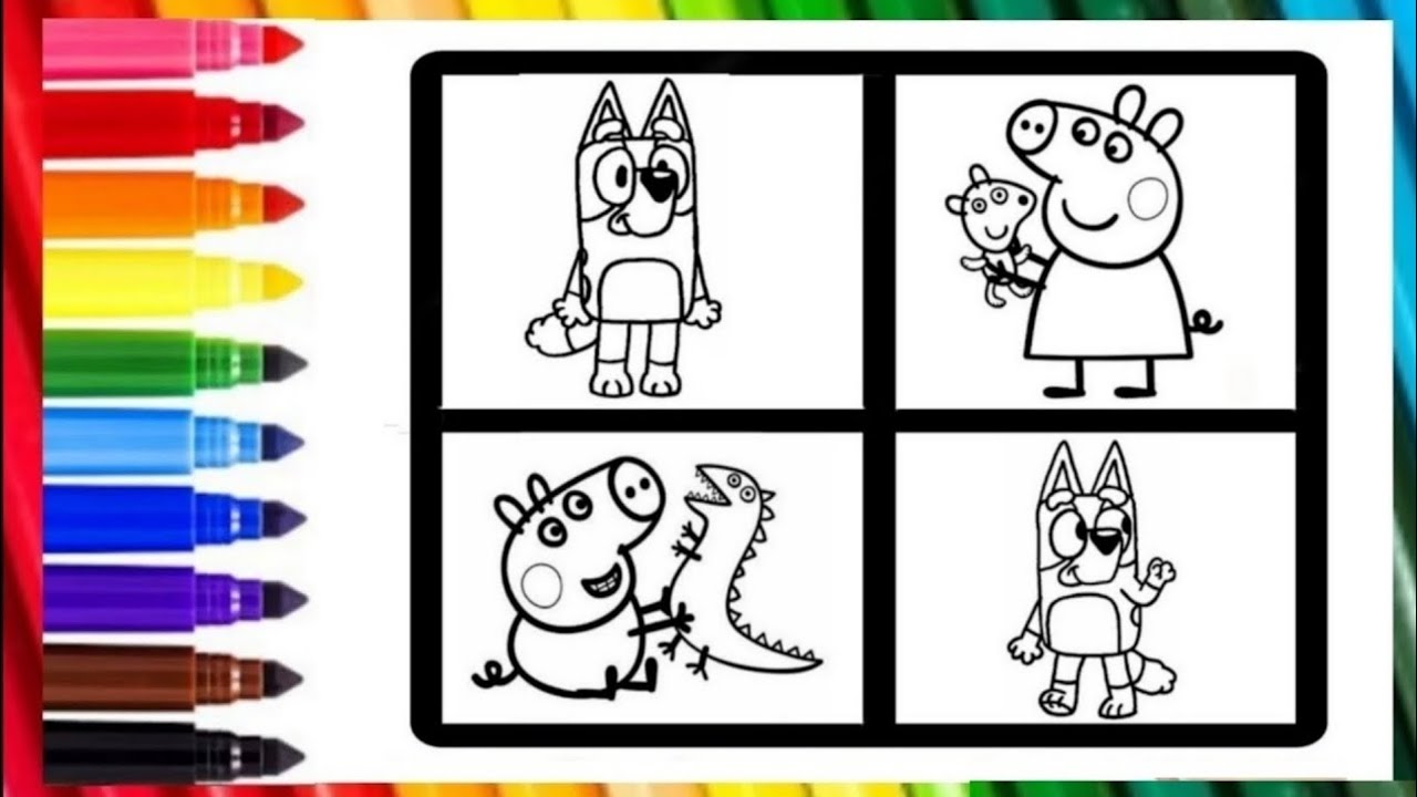 Drawing and colouring Bluey and Peppa pig characters - YouTube