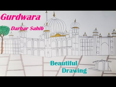 How to Draw Gurdwara Darbar Sahib, Kartarpur step by step|| Draw Golden ...
