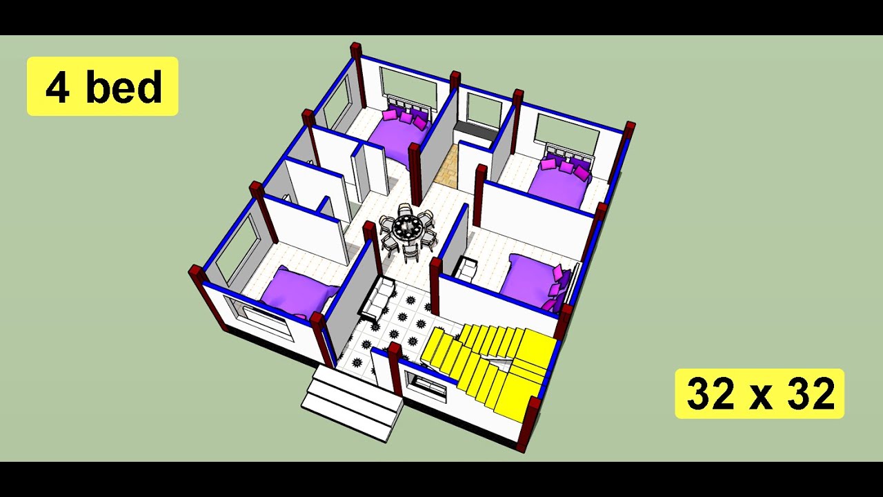 32 X 32 House Plan Design With 4 Bedroom II 32 X 32 Ghar Ka Design II 4