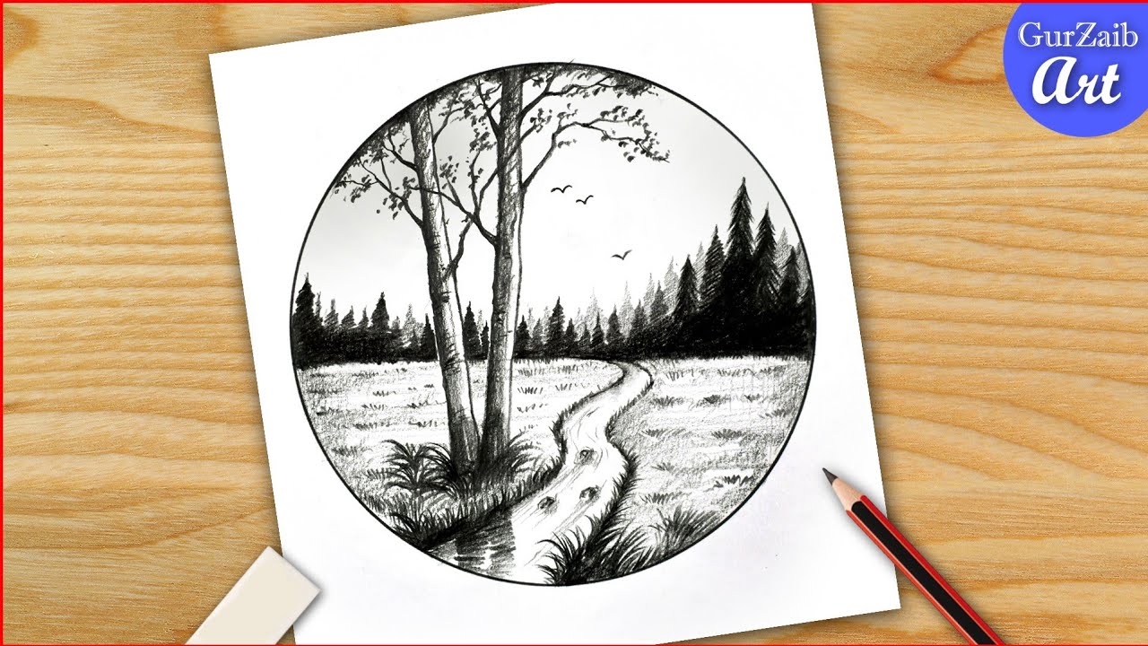 How to draw easy pencil shading Landscape - Nature scenery drawing ...