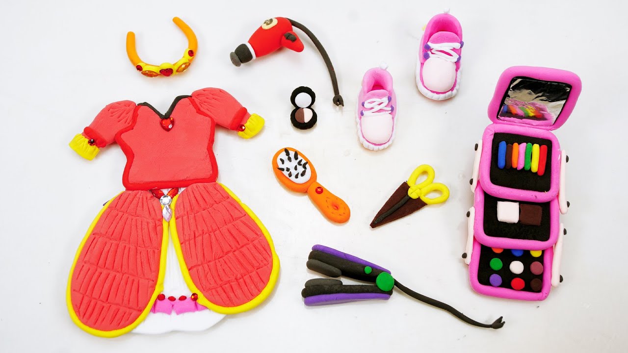 DIY How to Make Polymer Clay Miniature Doll Dress with Makeup Set,Boots ...