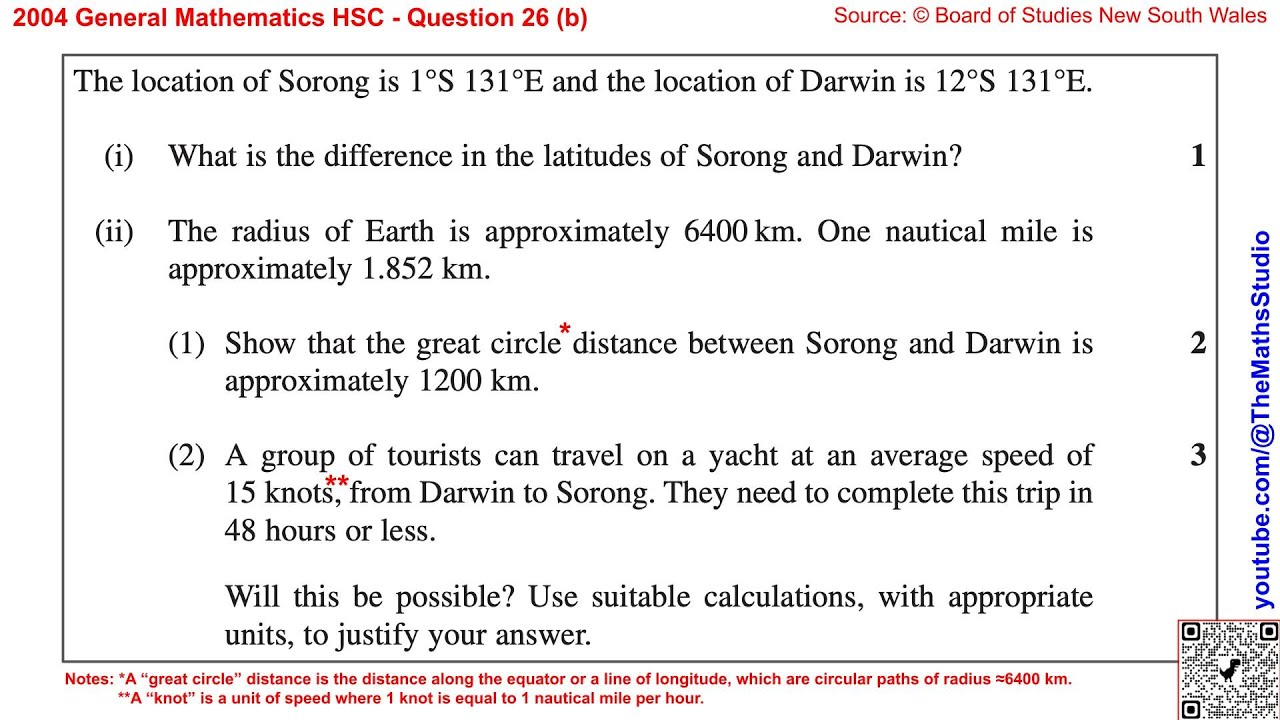 2004 General Maths HSC Q26b Find great circle distance between 2 cities ...