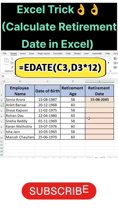 ExcelTrick😱#Calculate Retirement Date in Excel#EDATE() Function#excelformula#excel#exceltutorial ...