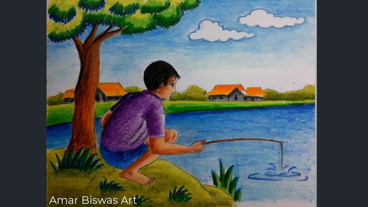 How To Draw Scenery Of Fishing/Village Fishing Scenery Drawing - YouTube