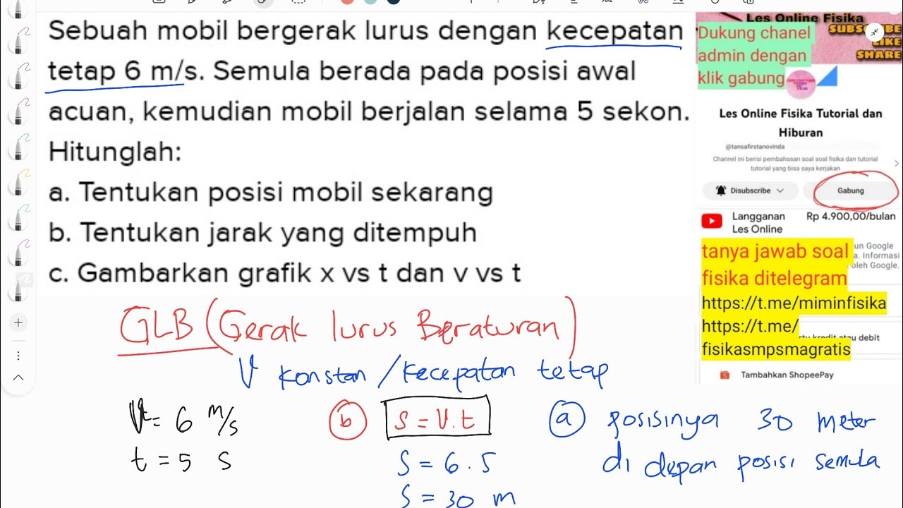 penjelasan dan contoh soal gerak lurus beraturan GLB serta grafik GLB x vs t dan v vs t - YouTube