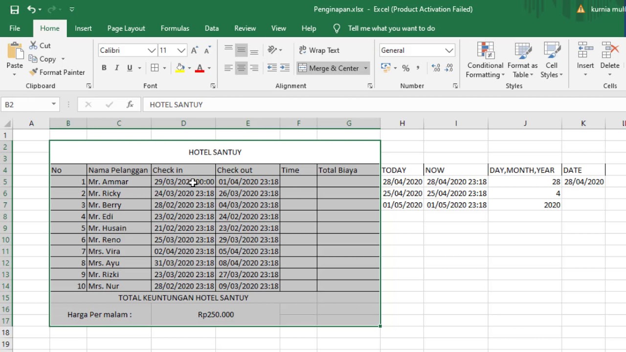 Microsoft Excel Tutorial Menggunakan Rumus (TODAY,NOW,DATE,DAY,MONTH ...