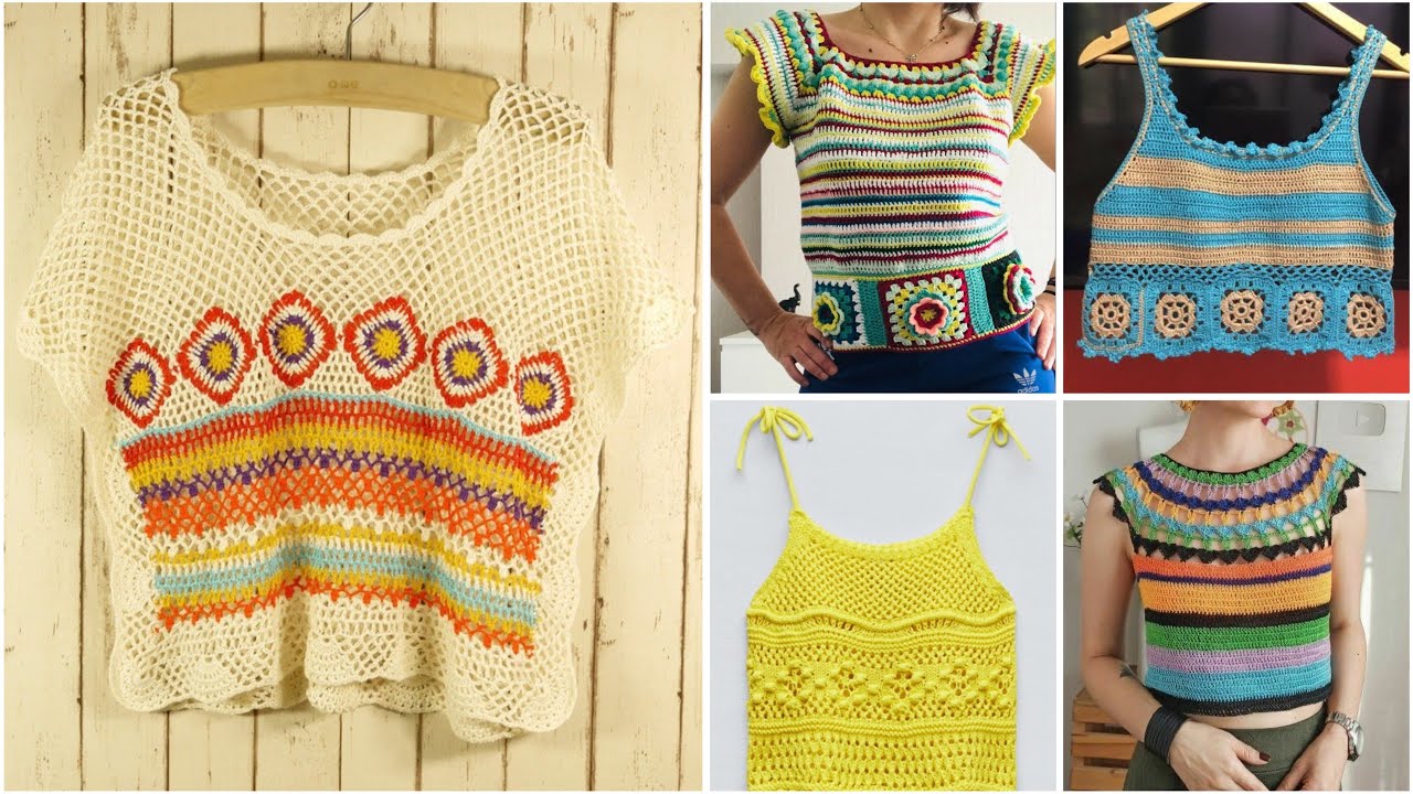 Crochet multicoloured cotton thread top/cute crochet top design ideas ...