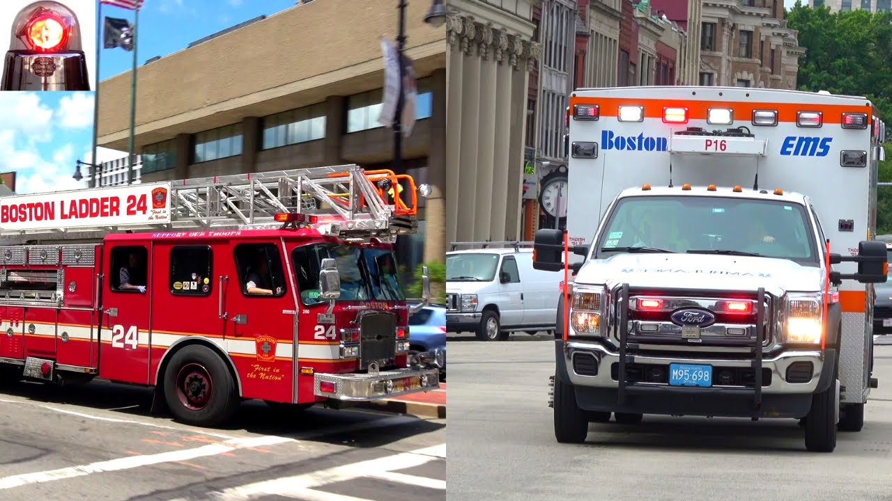 Boston Fire Department Ladder 24 and Ambulances Responding Sirens - YouTube