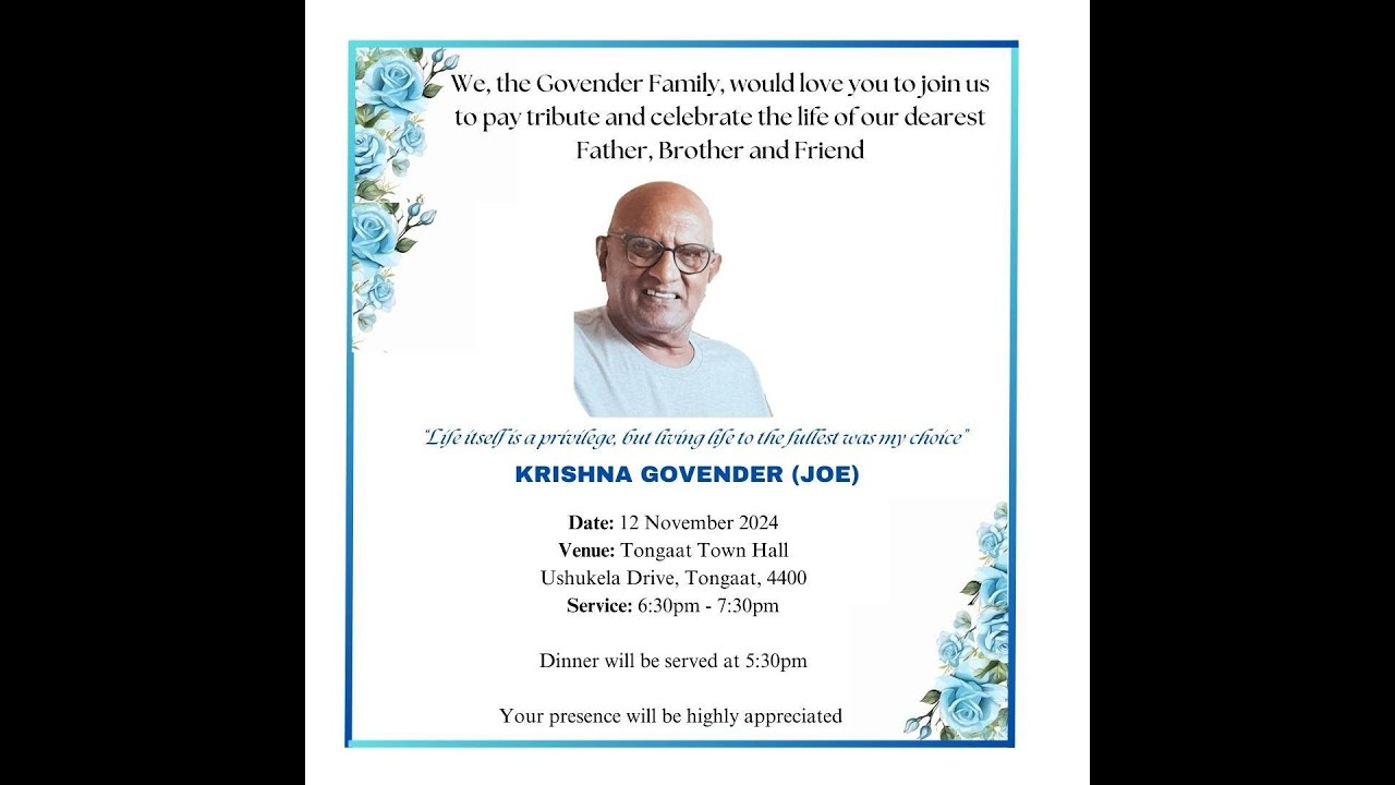 Tribute and celebrate the Life of Krishna Govender (Joe) - YouTube