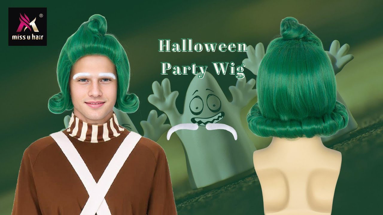 🍫 Transform into an Oompa Loompa! Green Wig & White Eyebrows Set for ...