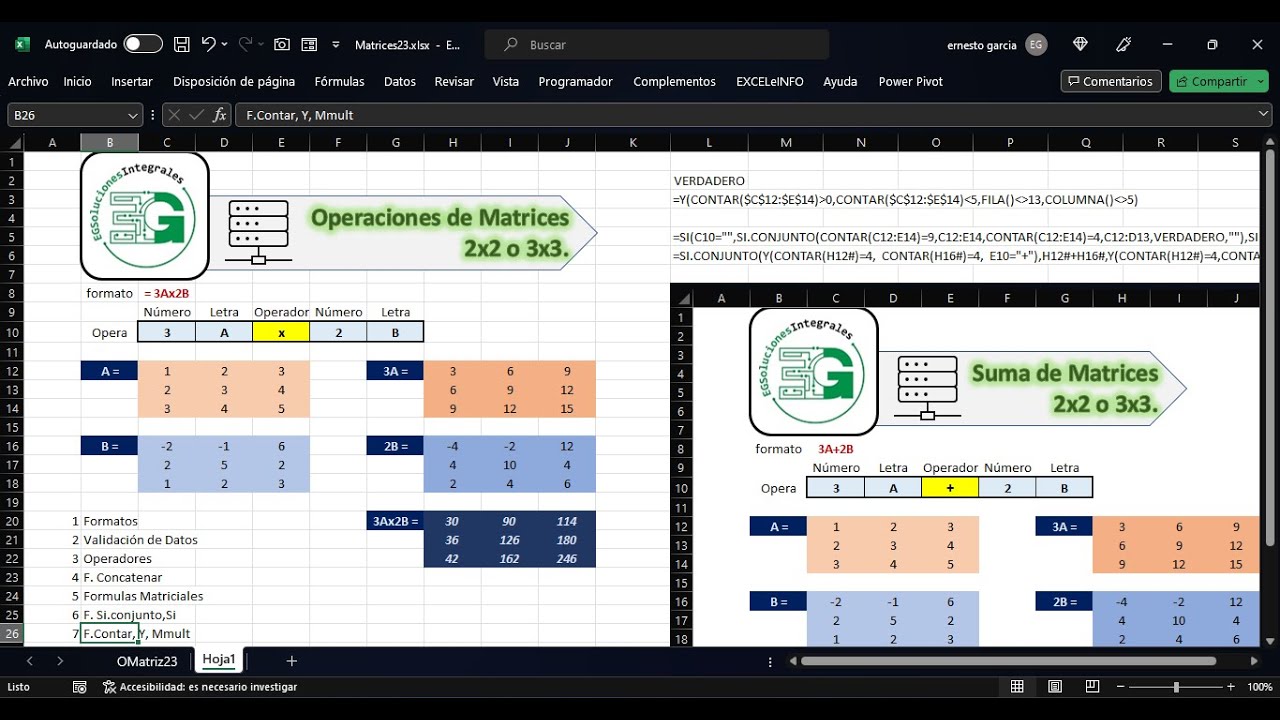 Operaciones de Matrices 2x2 o 3x3 en Excel - YouTube