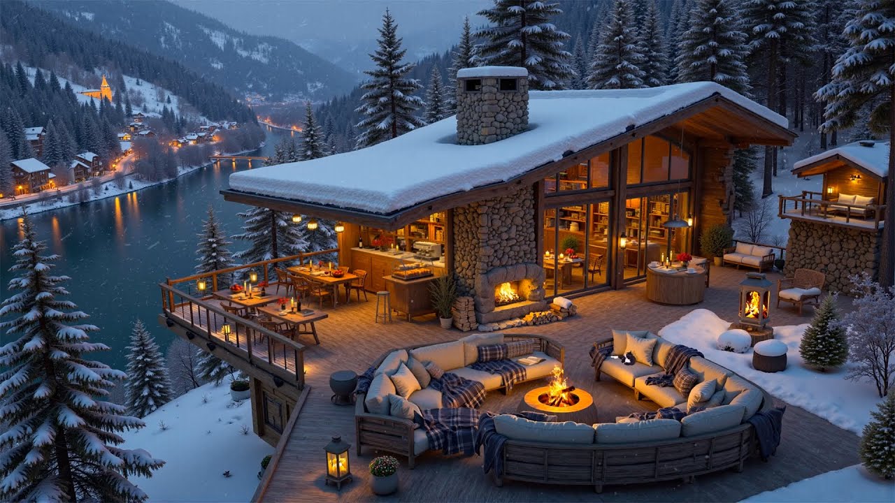 Cozy Jazz Playlist at a Winter Coffee Shop Terrace ️ Snowy Night Jazz ...