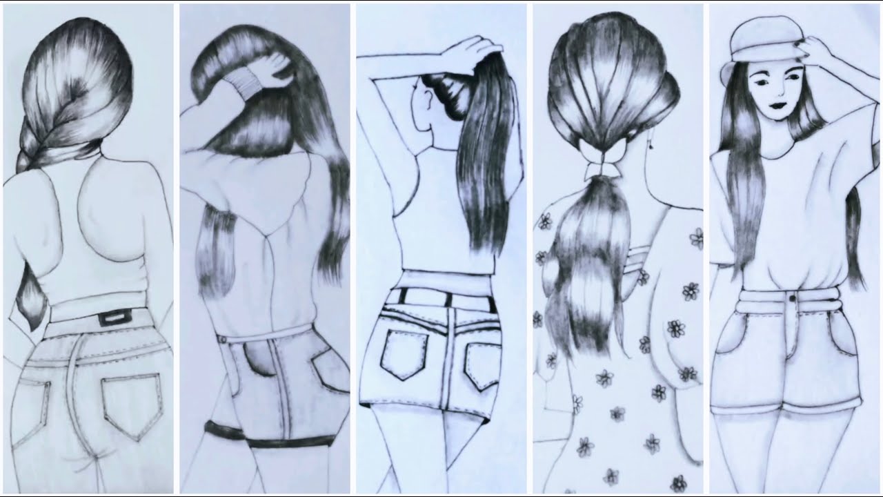 5 easy girl drawing with pencil | beautiful girl art drawing | how to ...