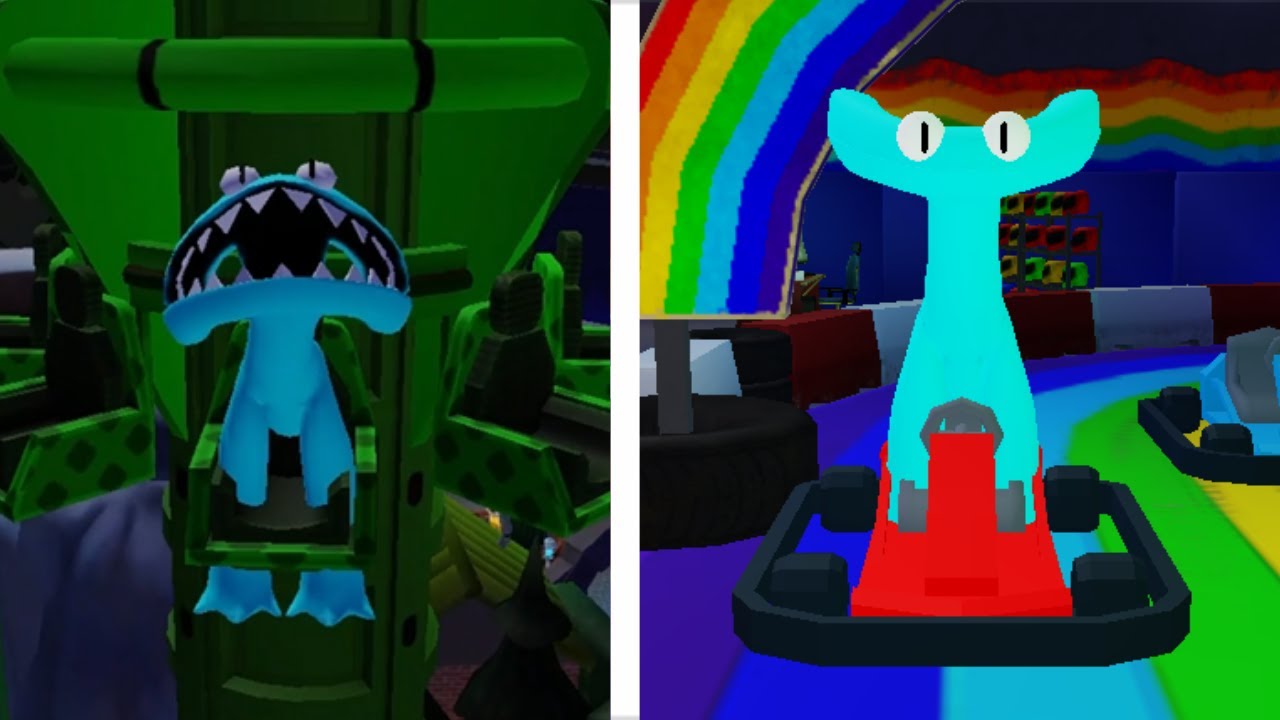 Cyan goes on a roller coaster and go karting in Rainbow Friends 2 - YouTube