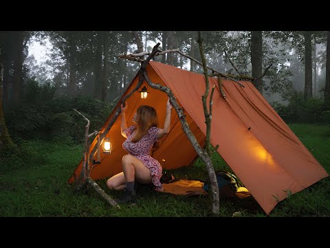 2 Days Solo survival - A beautiful girl making a warm and cozy shelter in the wilderness