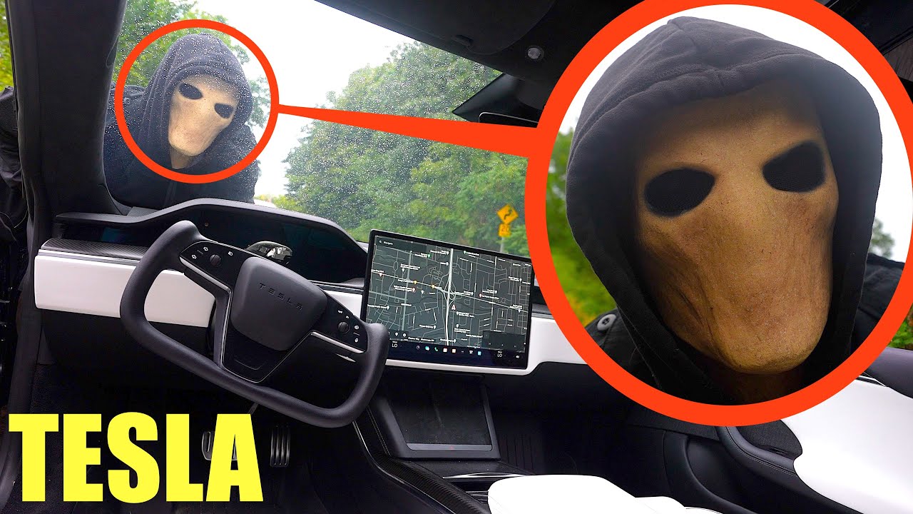 crazy masked man picks the wrong Tesla at the wrong time, (Tesla is ...