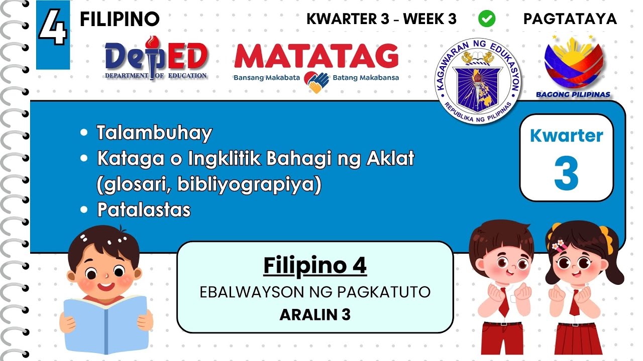 FIL4 Q3 W3: Talambuhay, Kataga o Ingklitik, Bahagi ng Aklat, Patalastas ...