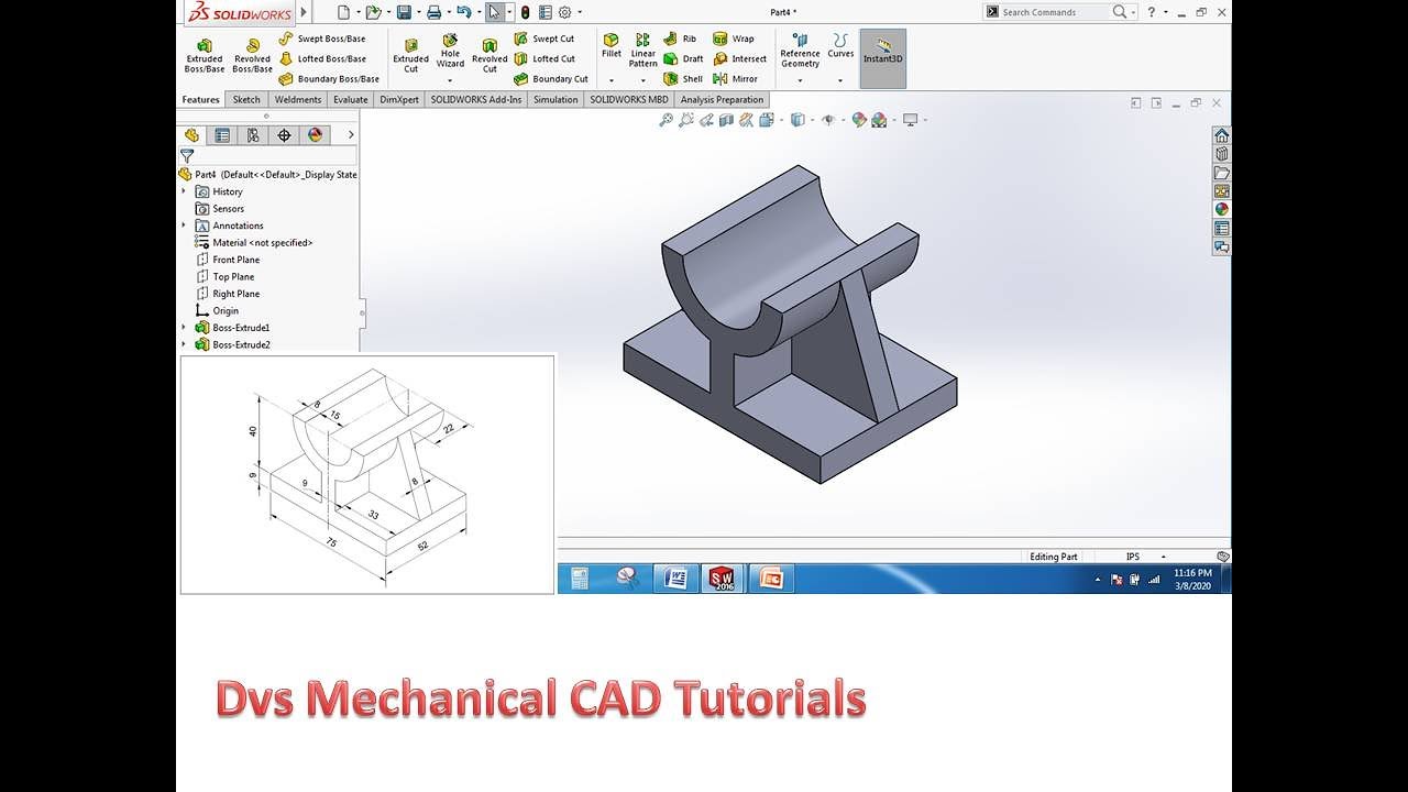 Solidworks Basic tutorial || Extruded boss base|| Feature|| Sketch ...