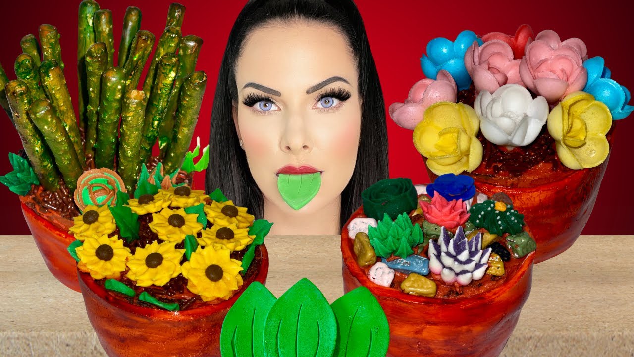 ASMR MUKBANG | EDIBLE PLANTS, POTS, CRUNCHY LEAVES, CACTUS PLANT ...