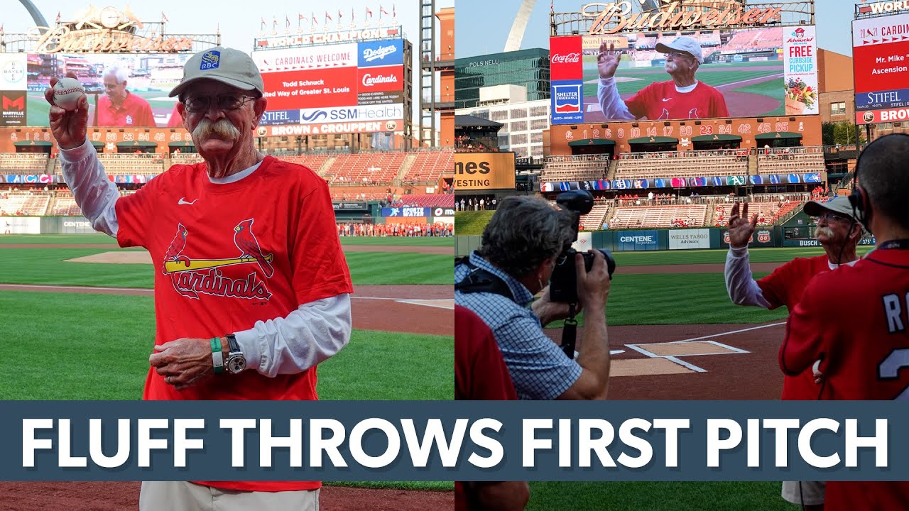 Mike “Fluff” Cowan throws first pitch at St. Louis Cardinals Game - YouTube