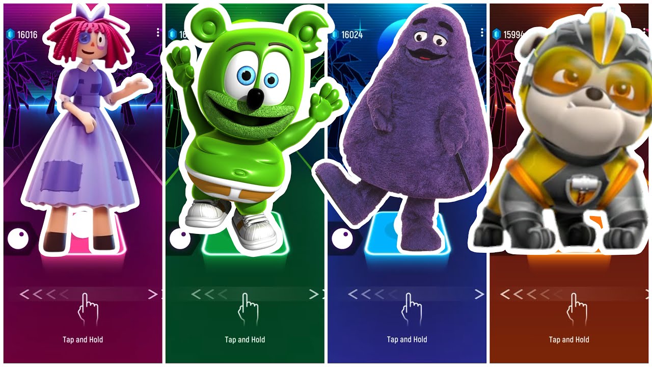JAX vs GUMMY BEAR vs GRIMACE vs RUBBLE Tiles Hop EDM Rush! - YouTube
