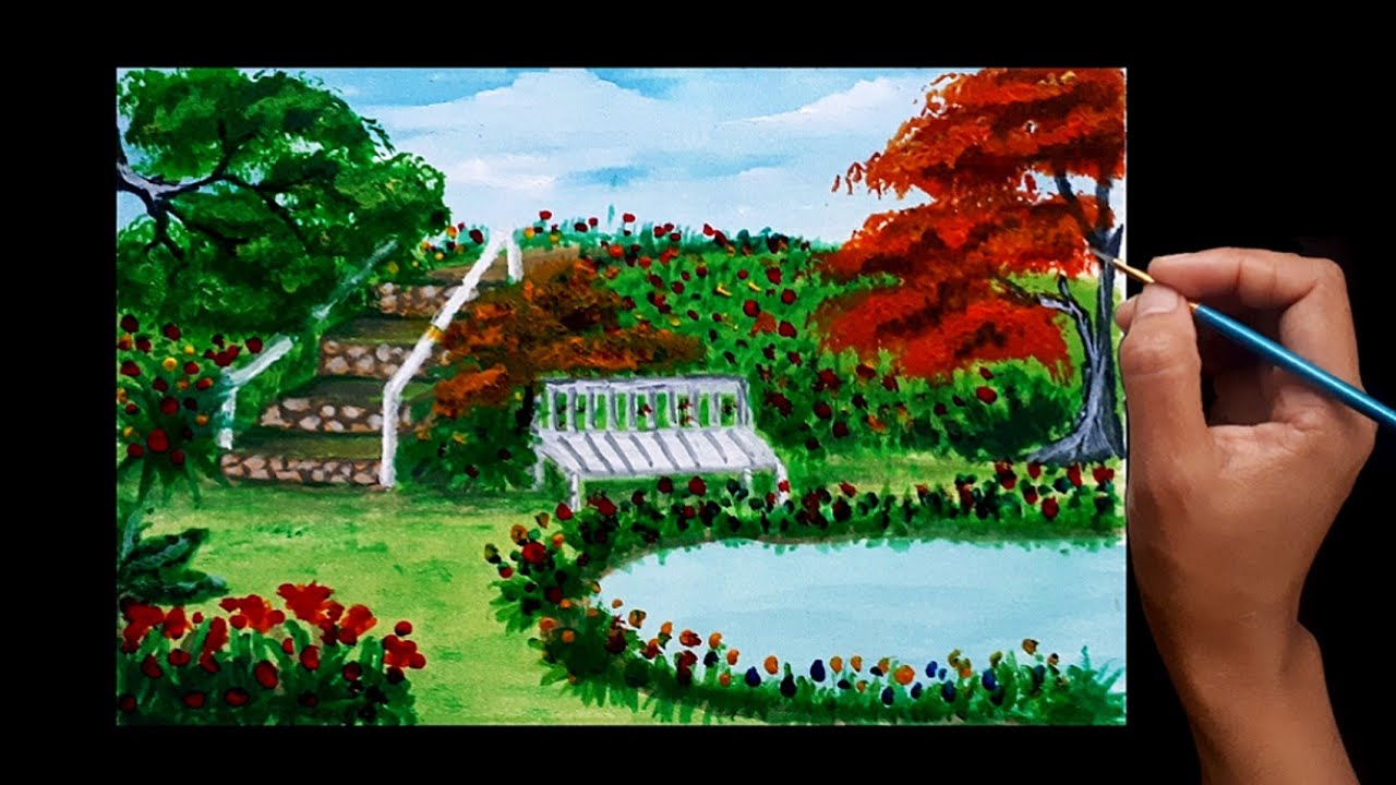 how to draw scenery | garden scenery - drawing - YouTube