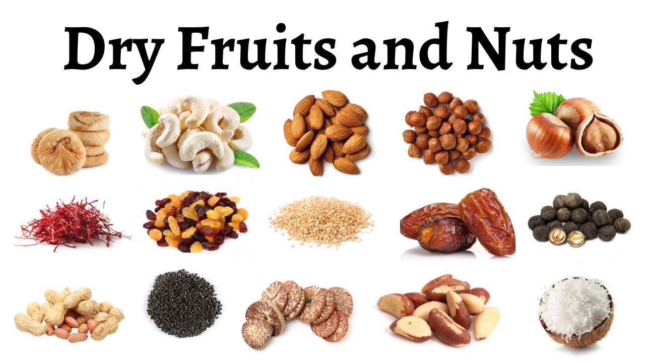 Name of Dry fruits and Nuts in English || Almonds, Cashew, Dried dates ...