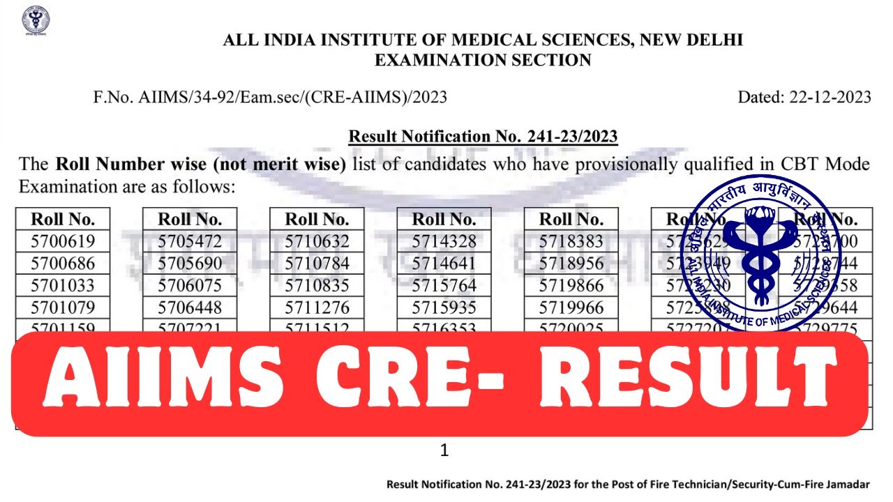 AIIMS CRE RESULT 2023 || AIIMS CRE EXAM 2023 MERIT LIST #AIIMS - YouTube