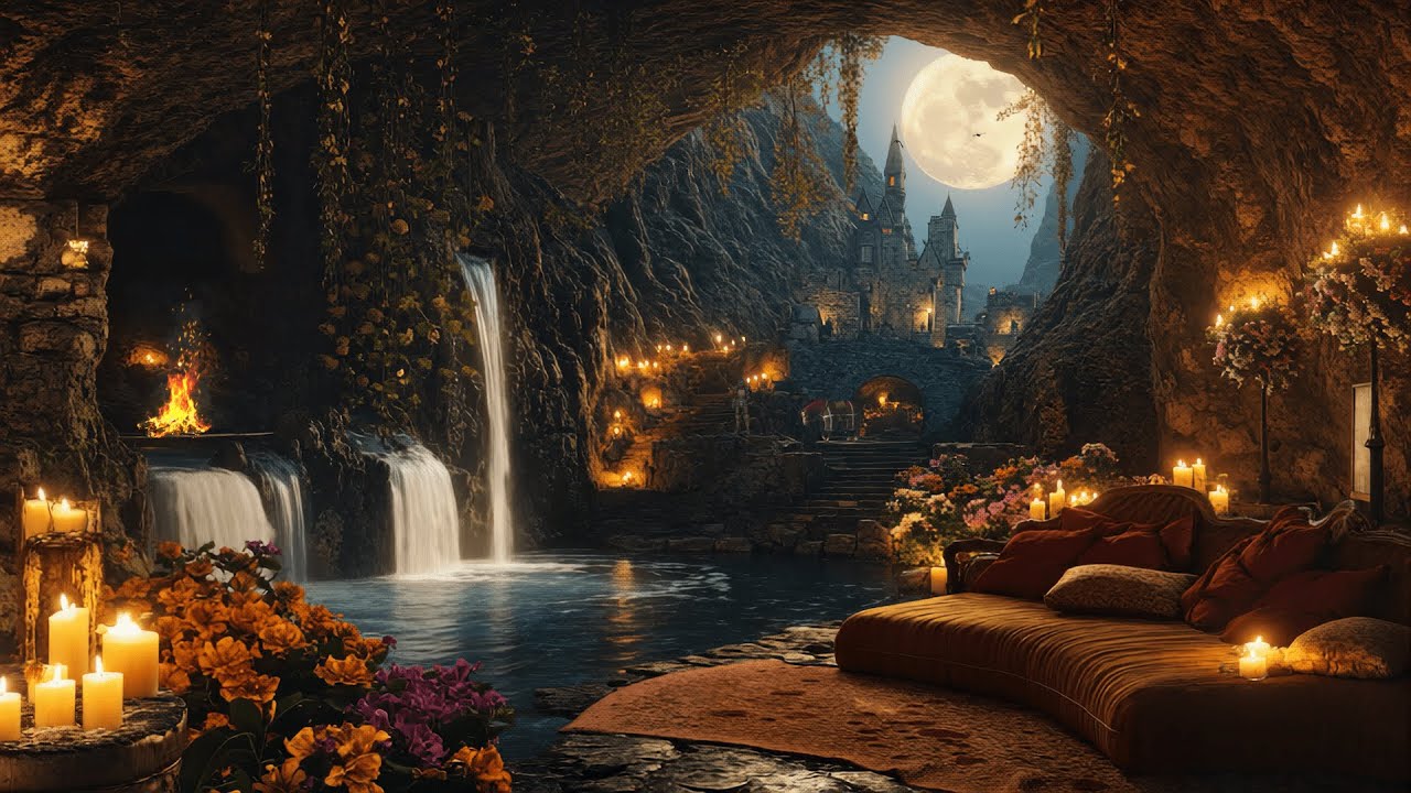 Enchanted Cave by the Waterfalls 🌕 | Relaxing Campfire, Waterfalls ...