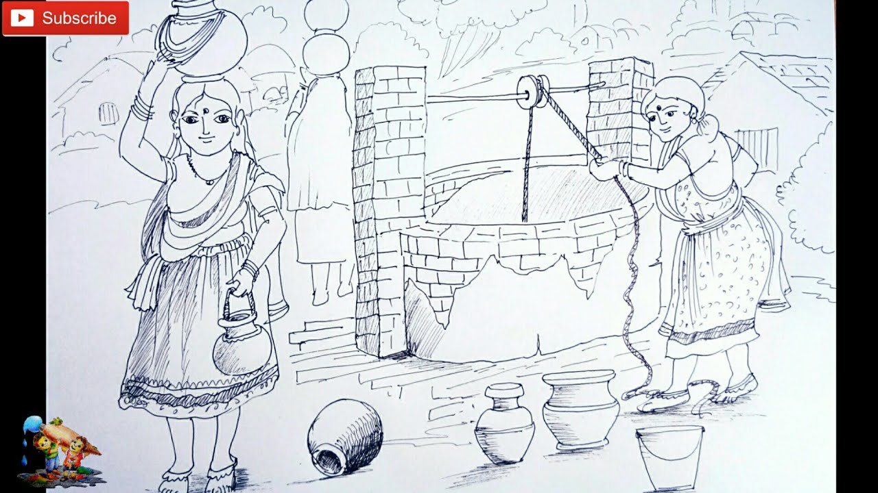 Village girl drawing,Scenery drawing of rural life composition,pen ...